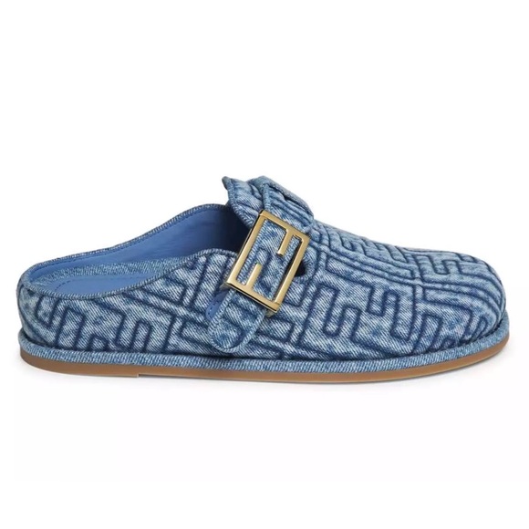 Fendi | Shoes | Fendi Feel Cotton Blue Denim Ff Logo Gold Slip On Slide ...